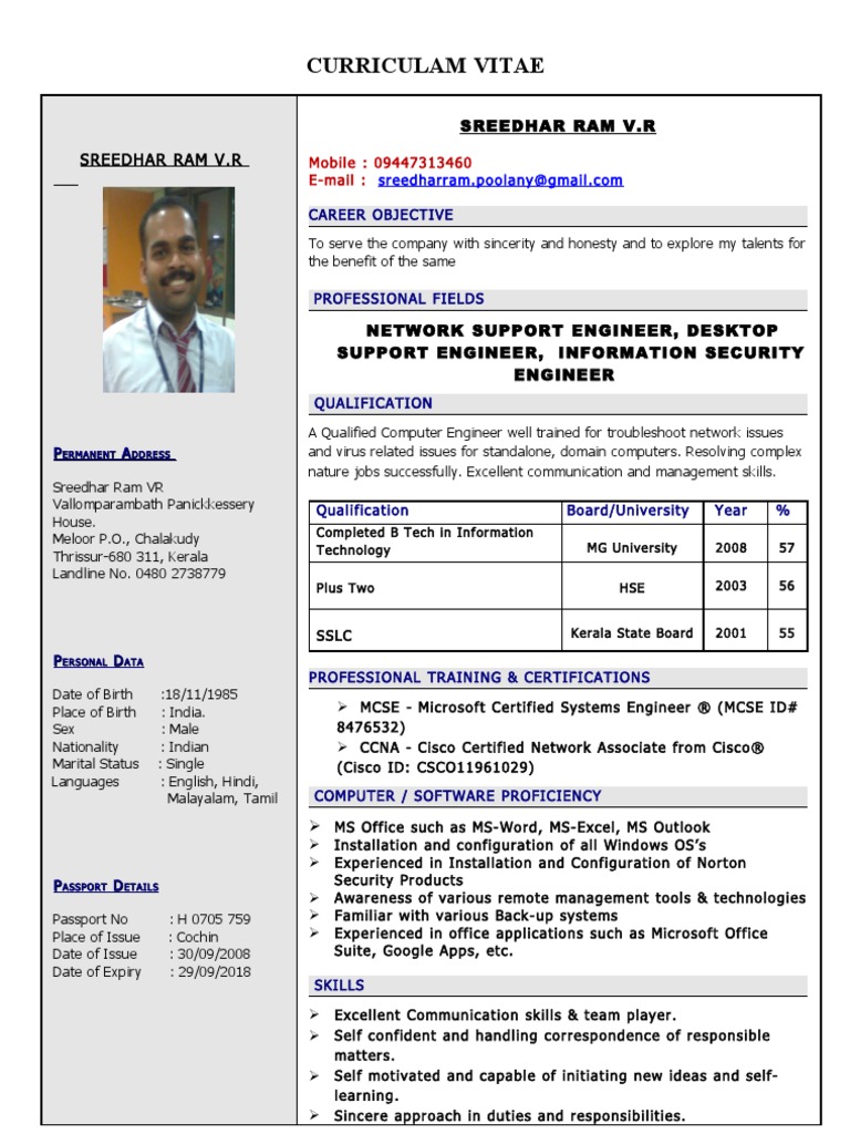 Curriculam Vitae: Sreedhar Ram V.R Sreedhar Ram V.R | PDF | Microsoft Office | Computer Network