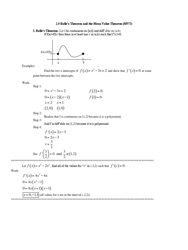 2.8 Notes Rolle's Theorem and The Mean Value Theorem (MVT) | PDF ...