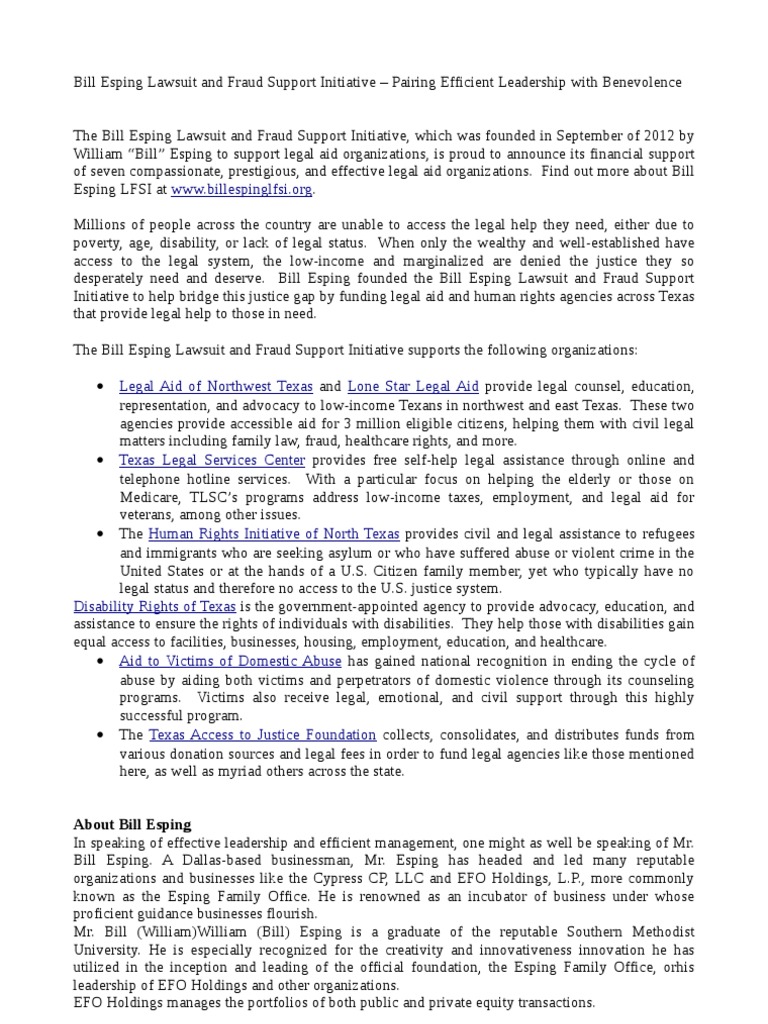 Bill Esping Lawsuit and Fraud Support Initiative - Pairing Efficient ...