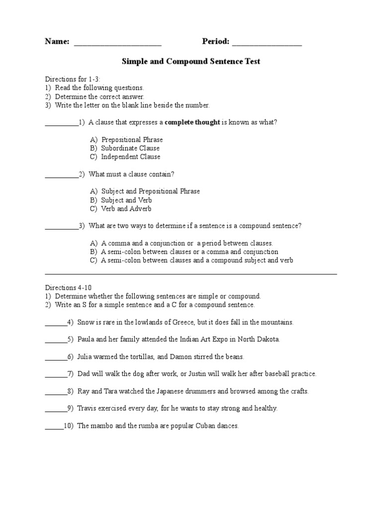 Simple and Compound Sentence Test | PDF | Verb | Subject (Grammar)