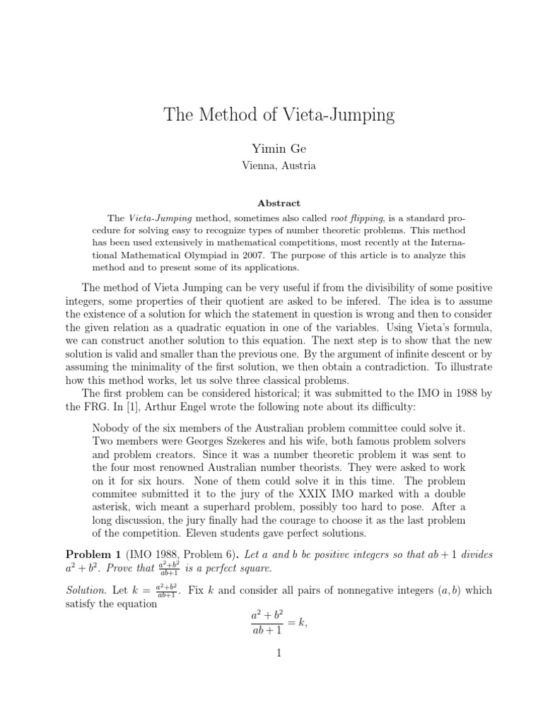 Vieta Jumping | Number Theory | Quadratic Equation