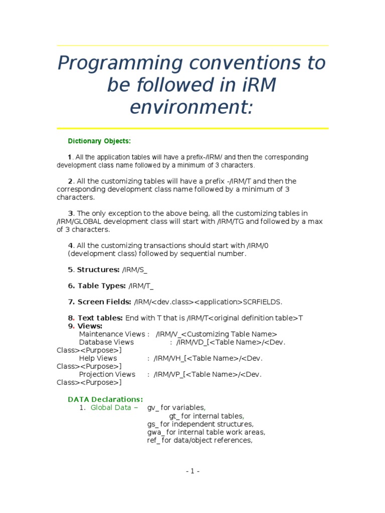 Programming Conventions To Be Followed in iRM Environment:: Dictionary ...