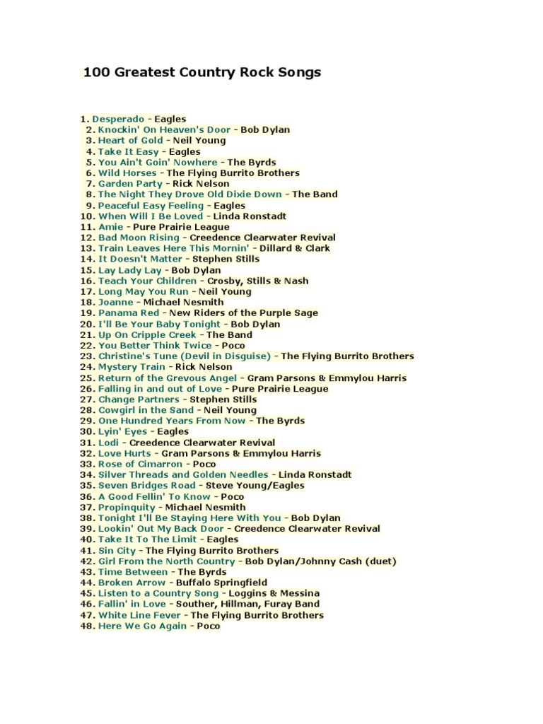 100 Greatest Country Rock Songs | PDF | Country Music | American ...