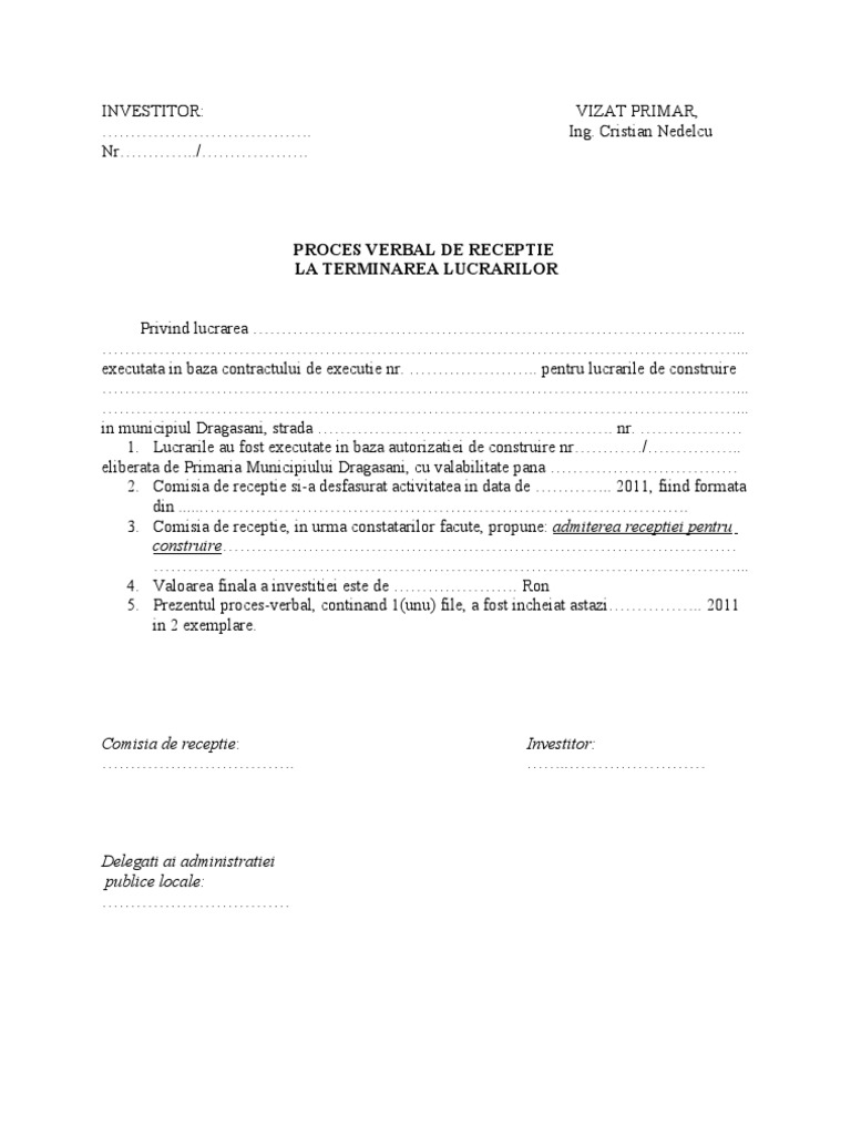 Proces Verbal de Receptie La Terminarea Lucrarilor | PDF