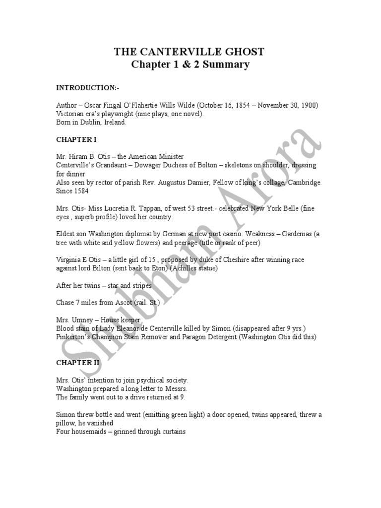 Canterville Ghost: Chapters 1 & 2 Summary | PDF