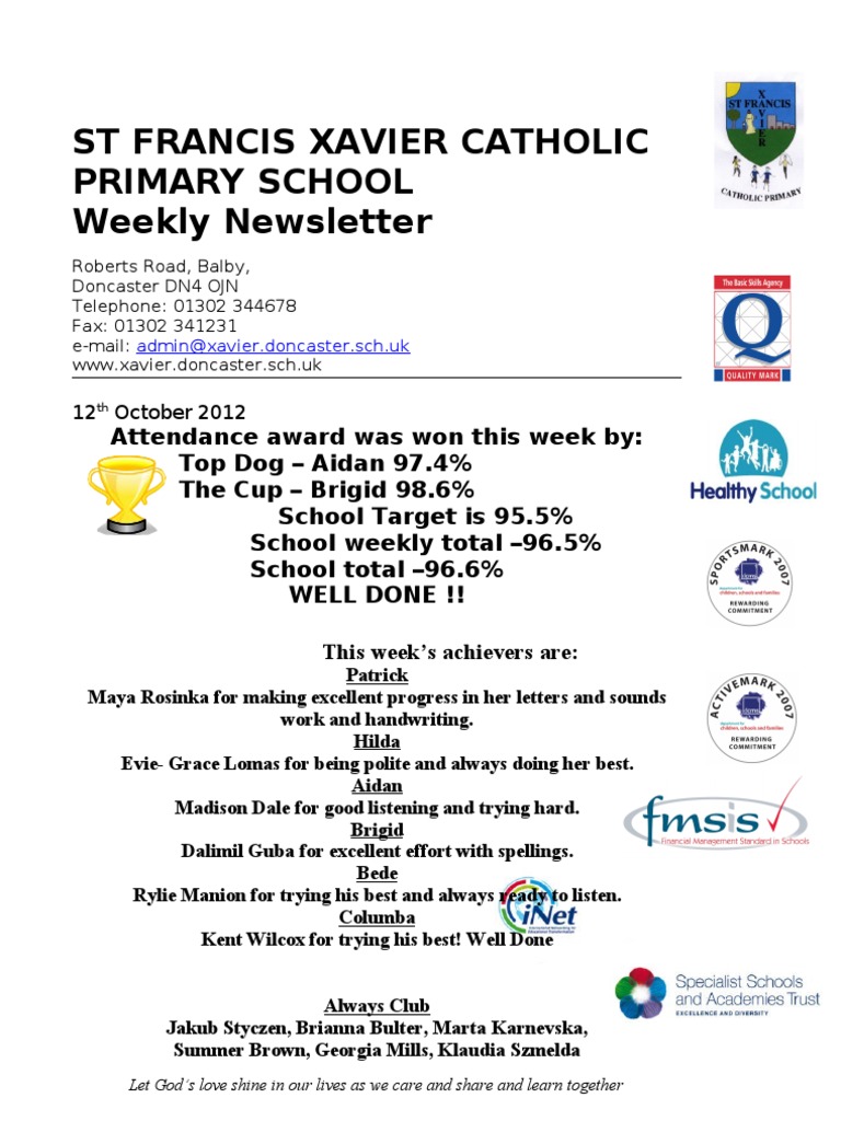 ST Francis Xavier Catholic Primary School Weekly Newsletter | PDF