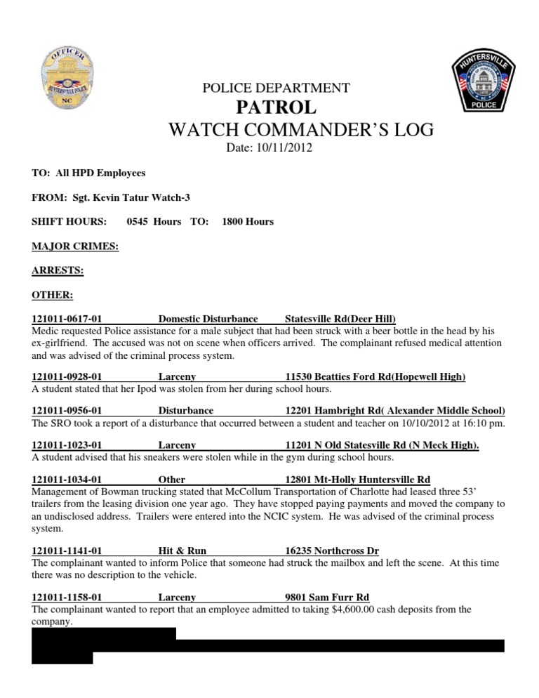 Patrol Watch Commander’s Log 10/11/2012 | PDF