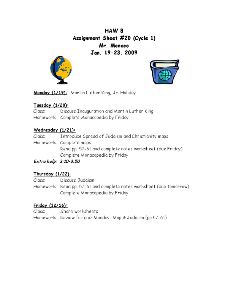 Weekly Assignment Overview: Jan 19-23 | PDF