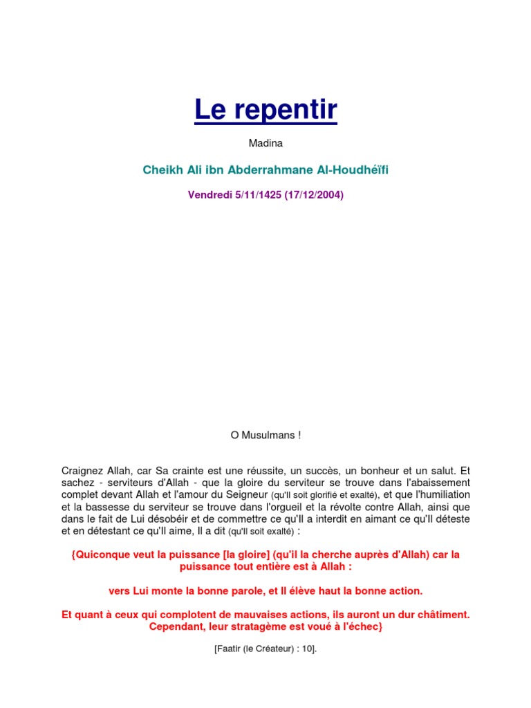 Importance du Repentir en Islam | PDF | Doctrines et croyances ...