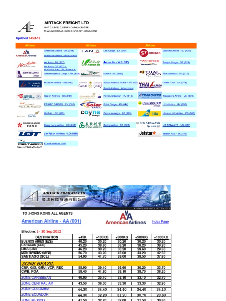 Airtack Freight Limited - Rate Sheet - 2012-10-01 | Aviation | Industries