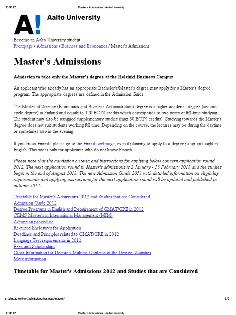 Master's Admissions - Aalto University | Download Free PDF | Graduate ...
