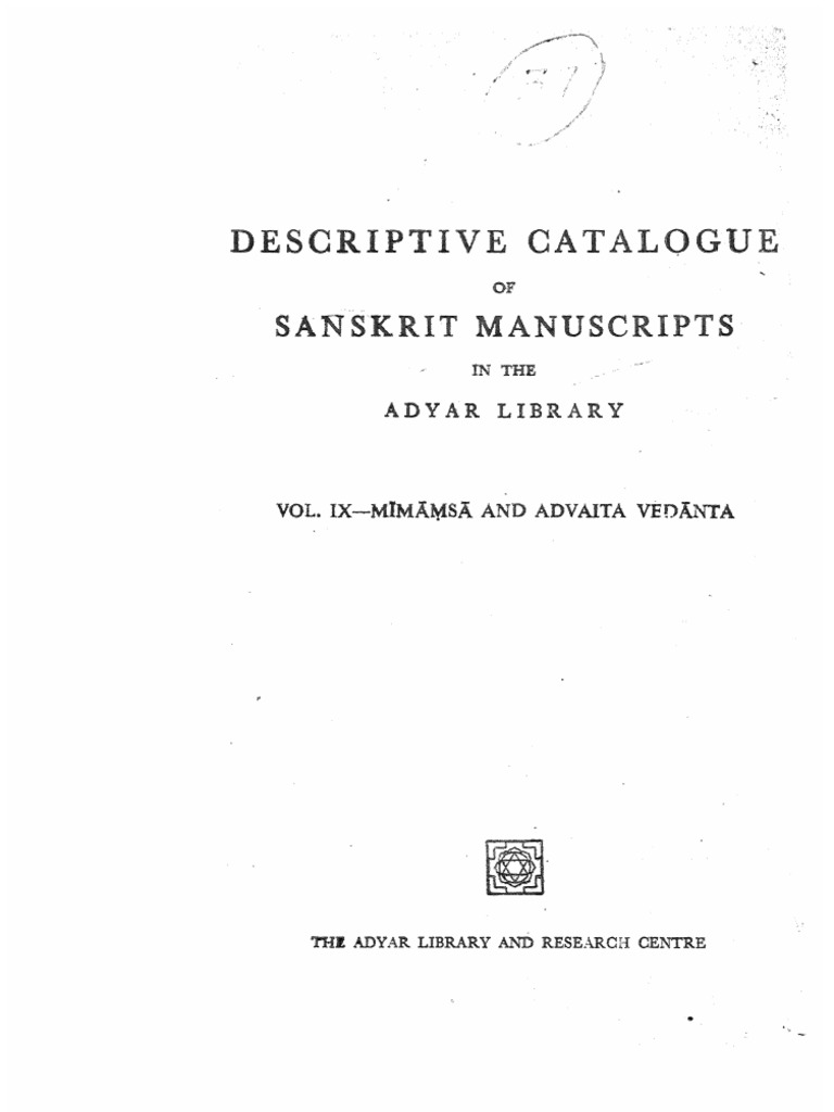 Descriptive Catalogue of Sanskrit Manuscripts in The Adyar Library Vol ...