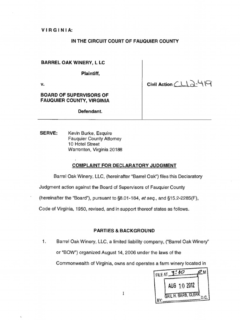 Complaint For Declaratory Judgment Filed 8-10-12 | PDF