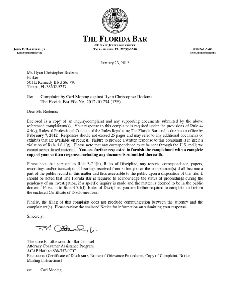 Florida Bar Complaint Notice | PDF | Settlement (Litigation) | Lawsuit