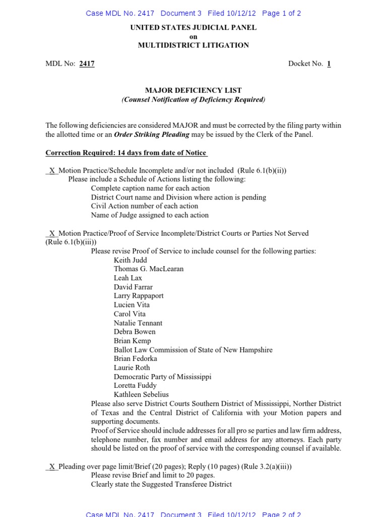 2012-10-11 - Taitz - JPML ECF 3 - Major Deficiency List | PDF