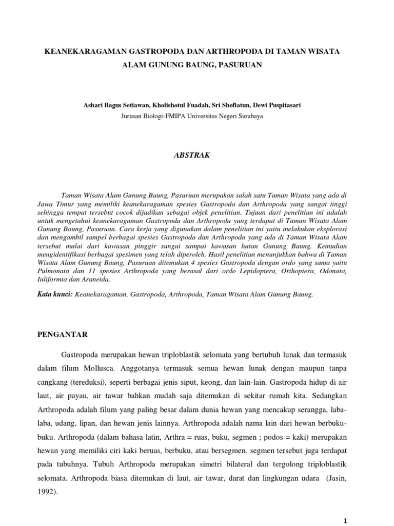 Keanekaragaman Mollusca Dan Arthropoda Di Taman Wisata Gunung Baung | PDF