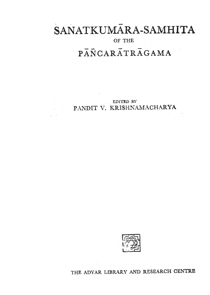 Sanatkumar Samhita of The Pancharatra Agama - Edited by v ...