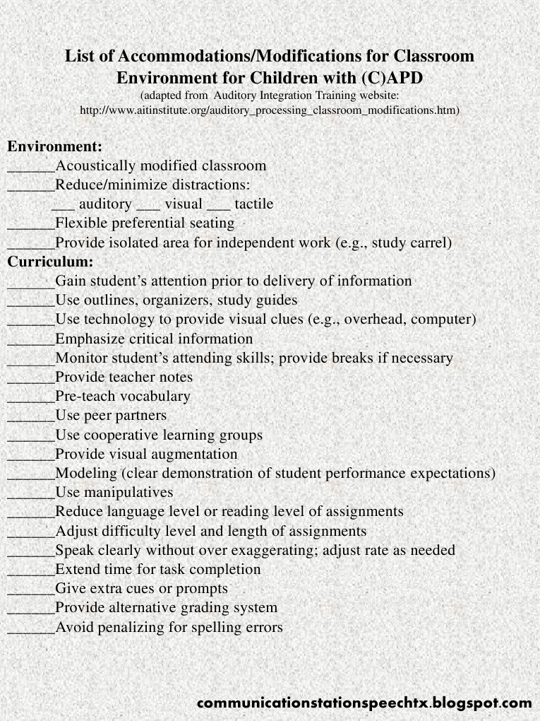 List of Accommodations/Modifications For Classroom Environment For ...