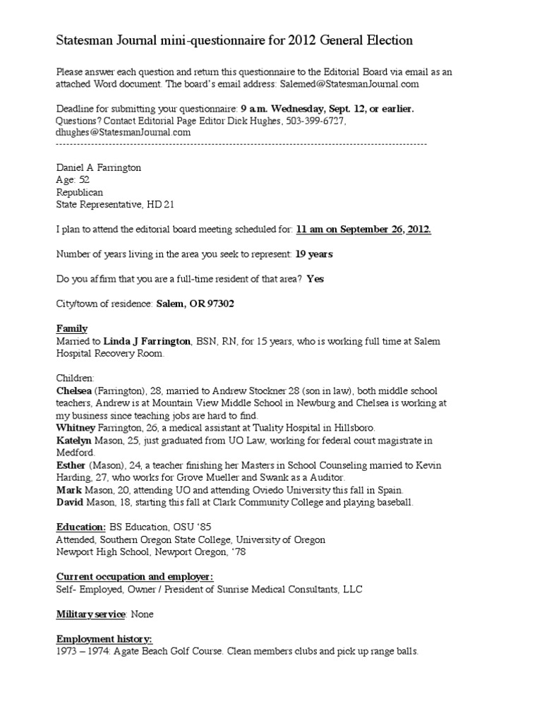 Dan Farrington's 2012 Election Questionnaire | PDF | Employment | Lawsuit