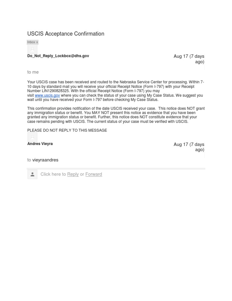 USCIS Acceptance Confirmation | PDF