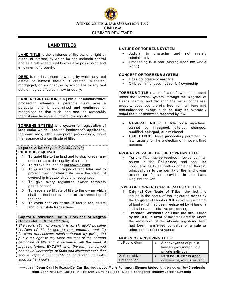 Land Titles: A C B O 2007 Civil Law | PDF | Mortgage Law | Title (Property)
