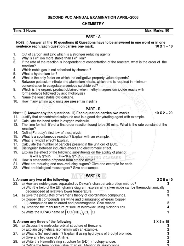 2nd PUC QUESTION PAPERS Chemistry 2006-2010 | PDF | Chemical Reactions ...