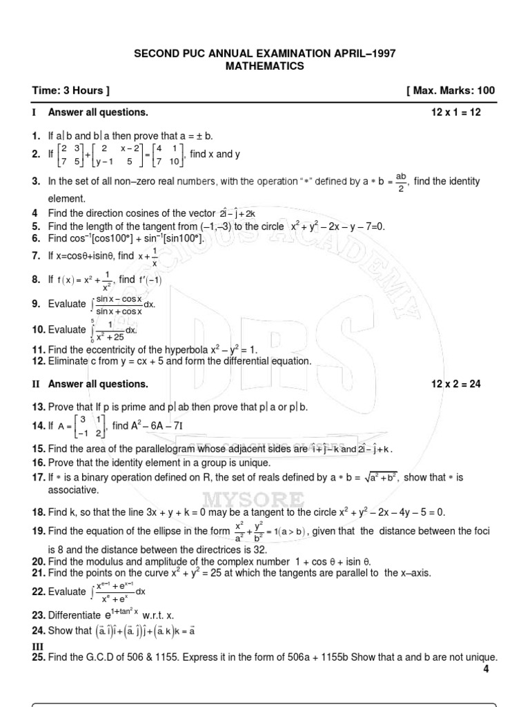 2nd Puc Question Papers of Mathematics 1997-2010 | PDF | Science ...