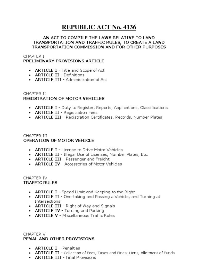 Republic Act No 4136 | PDF | Vehicle Registration Plate | Traffic