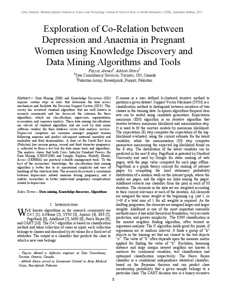 Exploration of Co-Relation Between Depression and Anaemia in Pregnant Women Using Knowledge ...