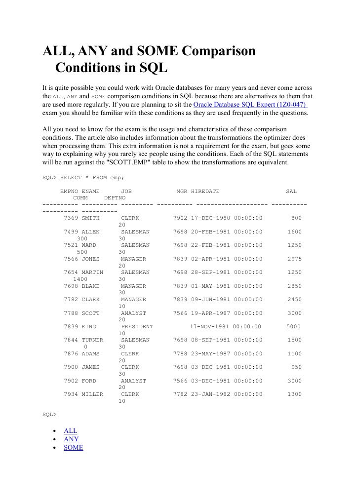 ALL, ANY and SOME Comparison Conditions in SQL: Oracle Database SQL ...