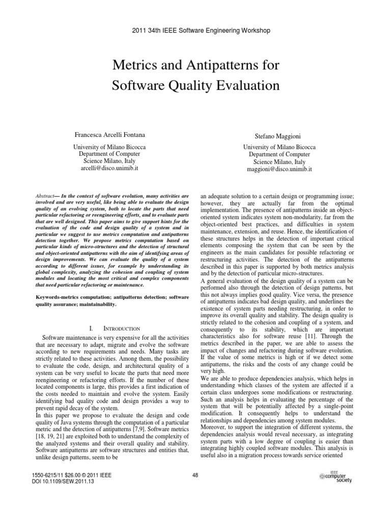 Metrics and Antipatterns For Software Quality Evaluation: Francesca Arcelli Fontana | PDF ...