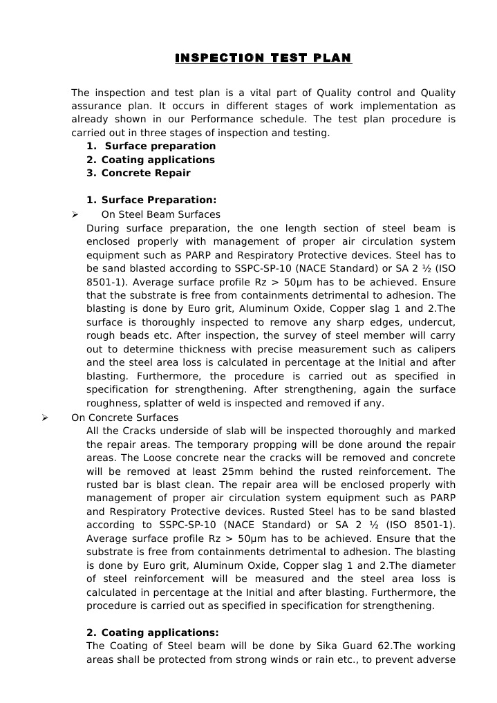 Inspection Test Plan: 1. Surface Preparation 2. Coating Applications 3 ...