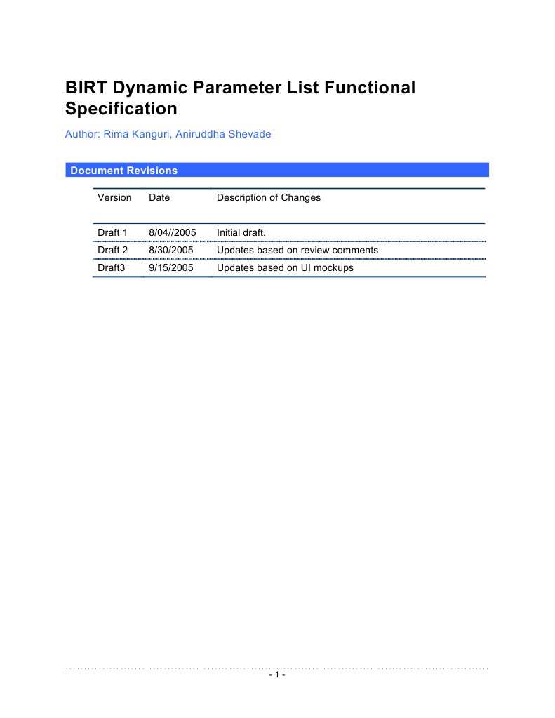 BIRT Dynamic Parameter List Functional Specification: Author: Rima Kanguri, Aniruddha Shevade ...