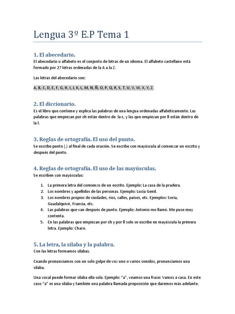 Tema 1 Lengua Tercero de Primaria | PDF | Alfabeto | Ortografía