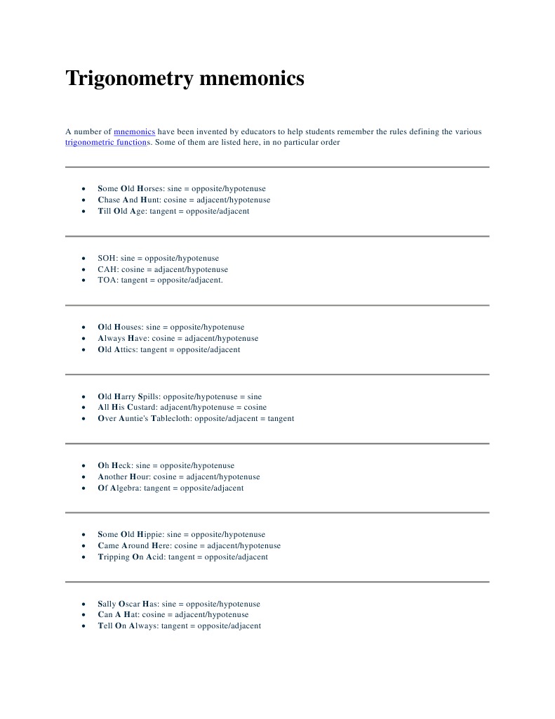 Trigonometry Mnemonics for Students | PDF | Language Arts & Discipline