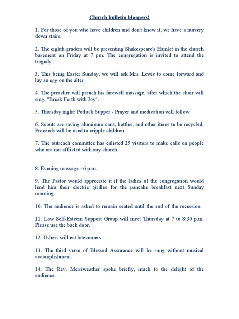 Church Bulletin Bloopers | PDF | Fasting | Prayer