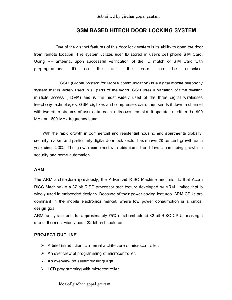 112.Gsm Based Door Locking System Using Arm7 | PDF | Gsm | Arm Architecture