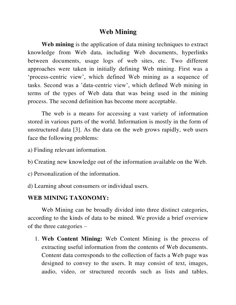 Web Mining Web Mining Is The Application Of Data Mining Techniques To