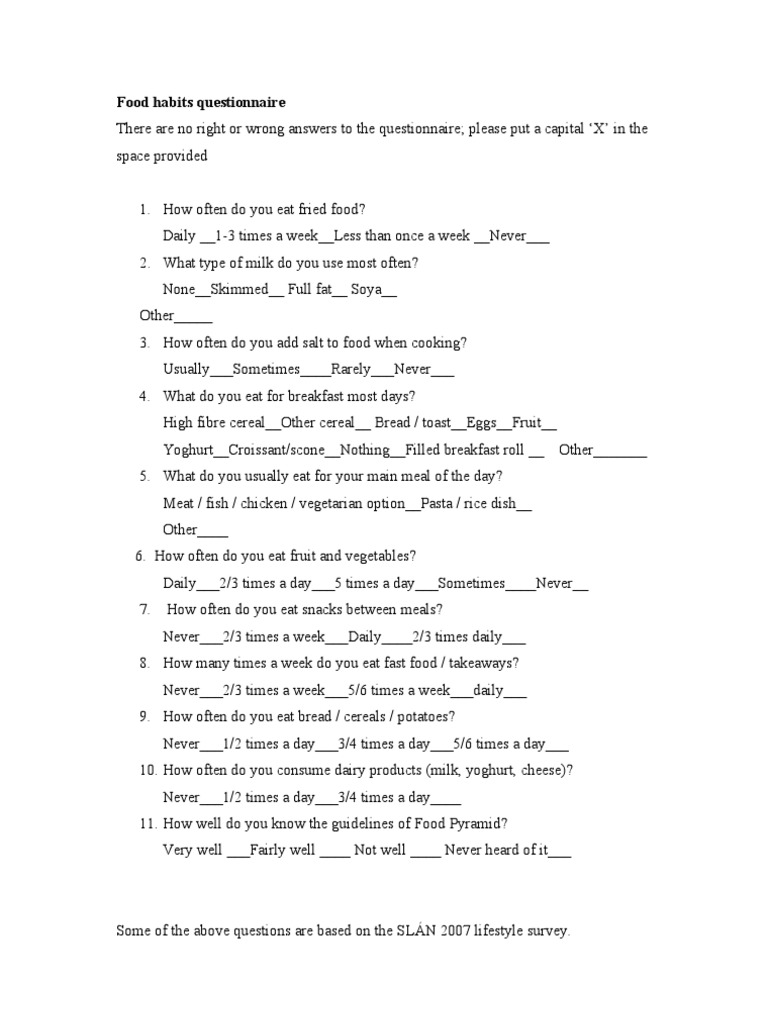 Food Habits Questionnaire | PDF | Meal | Foods