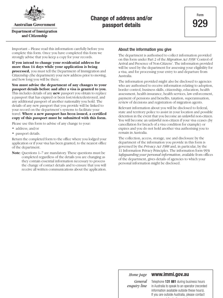 Australian Immigration Form 929 | PDF | Travel Visa | Passport