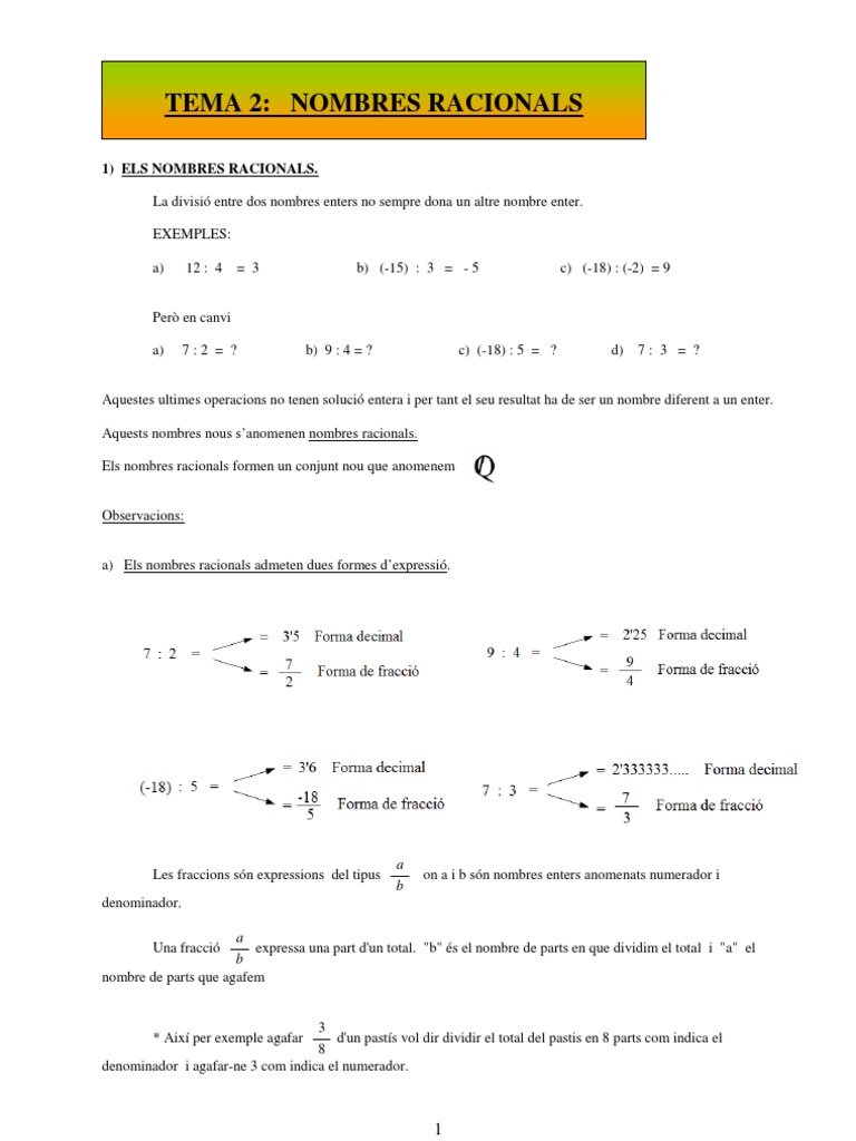 MATEMÀTIQUES 2 ESO TEMA 2 Nombres Racionals | PDF