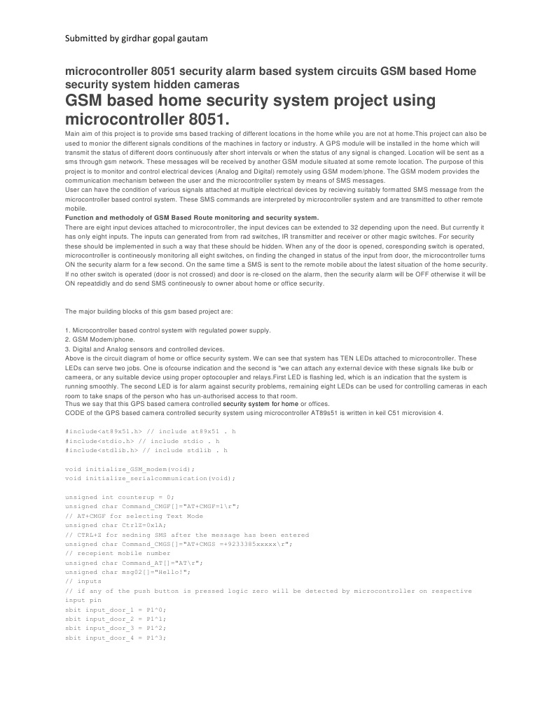 Microcontroller 8051 Security Alarm Based System Circuits Gsm Based