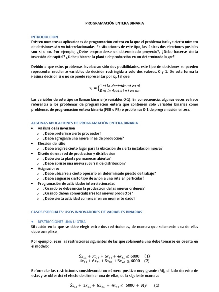 Programación Entera Binaria | PDF | Programación lineal | Programación ...