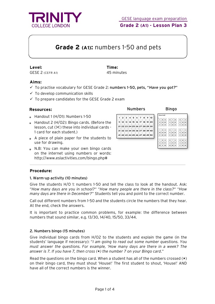 GESE Grade 2 - Lesson Plan 3 - Numbers and Pets (Final) | PDF | Test ...