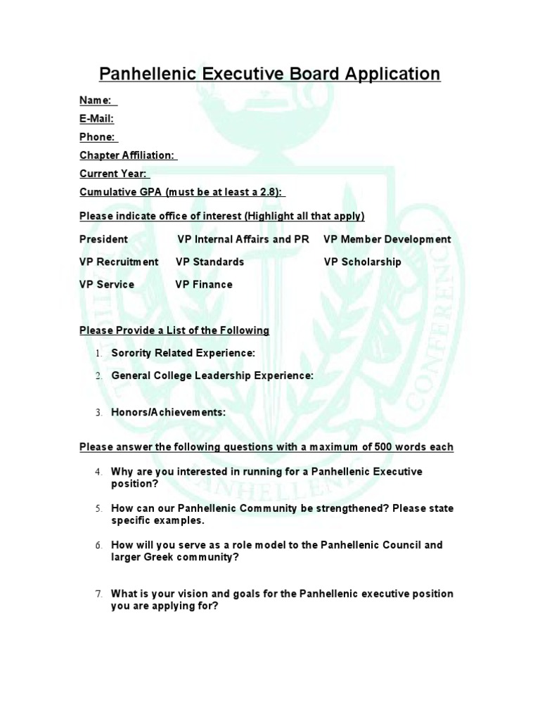 Panhellenic Executive Board Application Form | PDF | Career & Growth