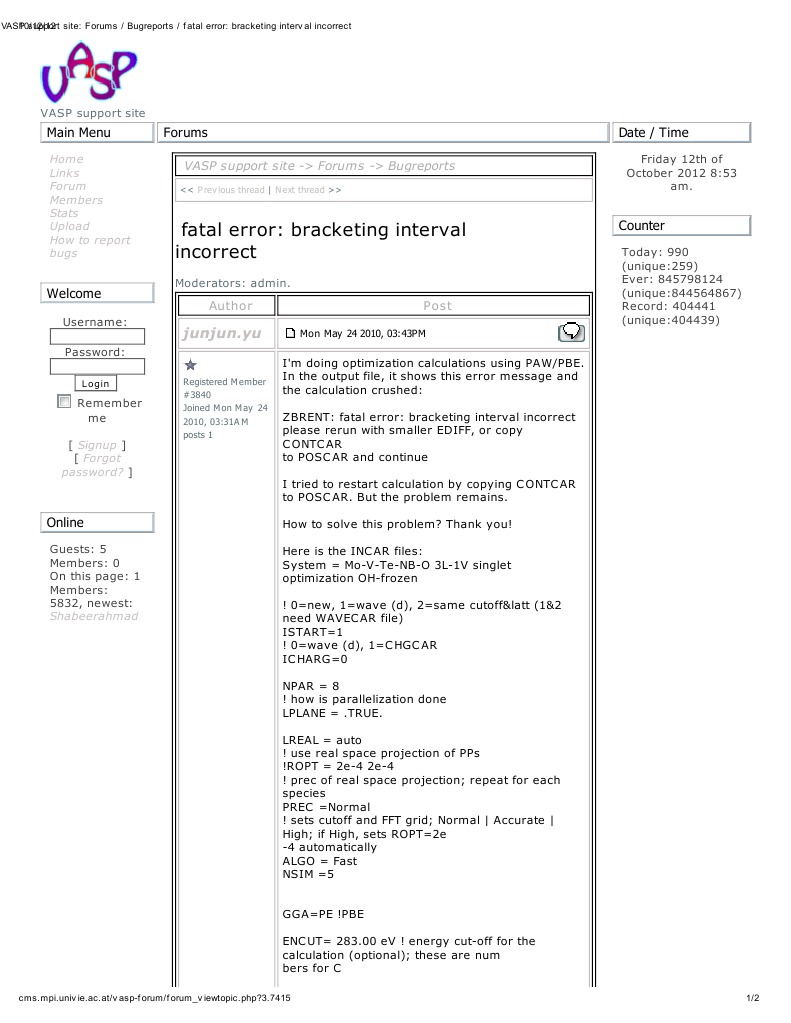 VASP Support Site - Forums - Bugreports - Fatal Error - Bracketing ...