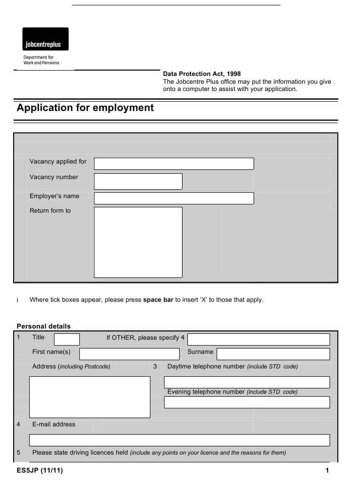Job Centre Application Form for Employment | Address (Geography ...