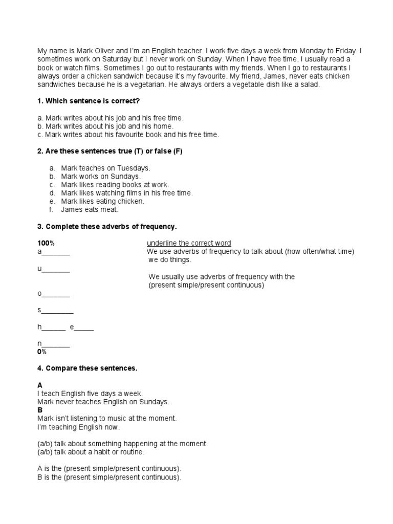 Adverbs of Frequency - Present Simple or Present Continuous Worksheet | PDF