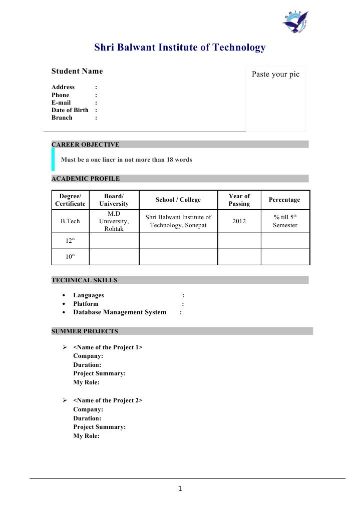 Student Resume Template for B.Tech | PDF