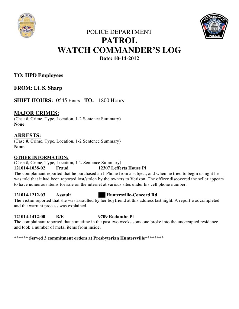 Patrol Watch Commander’s Log: 10-14-2012 | PDF | Social Science